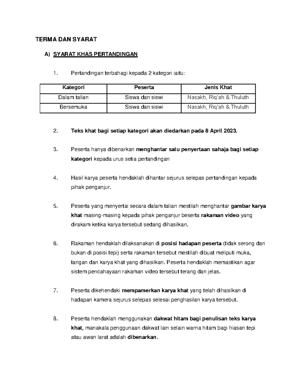 Syarat Penyertaan Pertandingan KHAT DAN JAWI Peringkat Kebangsaan ...