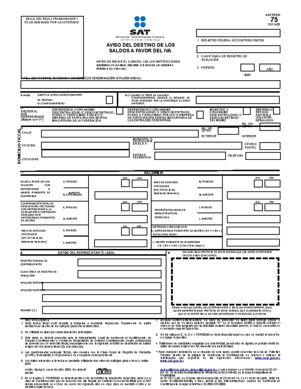 Formato Oficial 75 Aviso DE Destino DE Saldo A Favor DE IVA - AÑO AÑO ...
