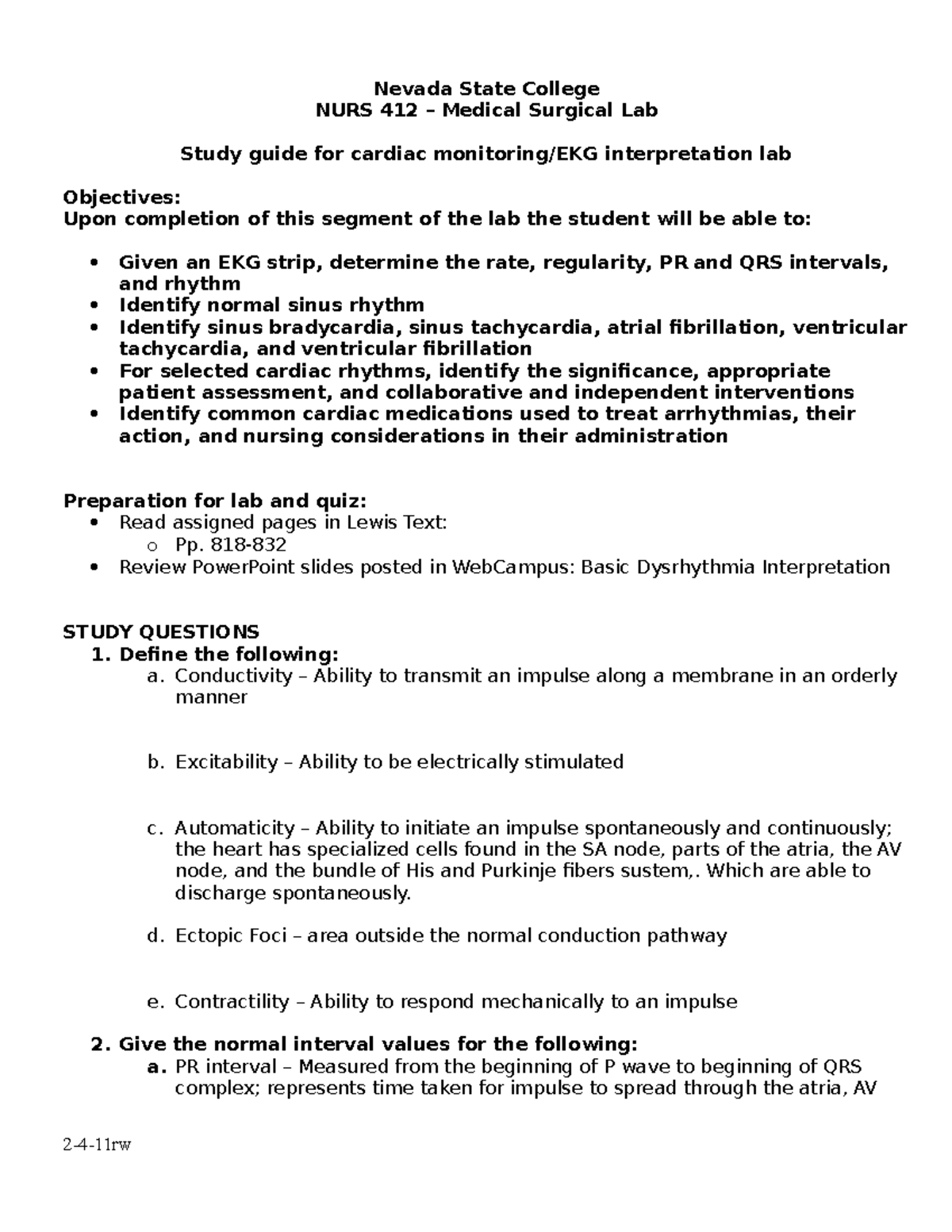 Cardiac Monitoring SG - Nevada State College NURS 412 – Medical ...
