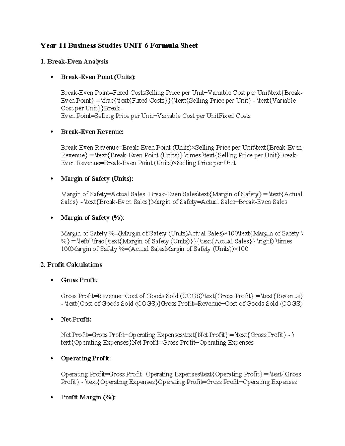 Year 11 Business Studies UNIT 6 Formula Sheet - Year 11 Business ...