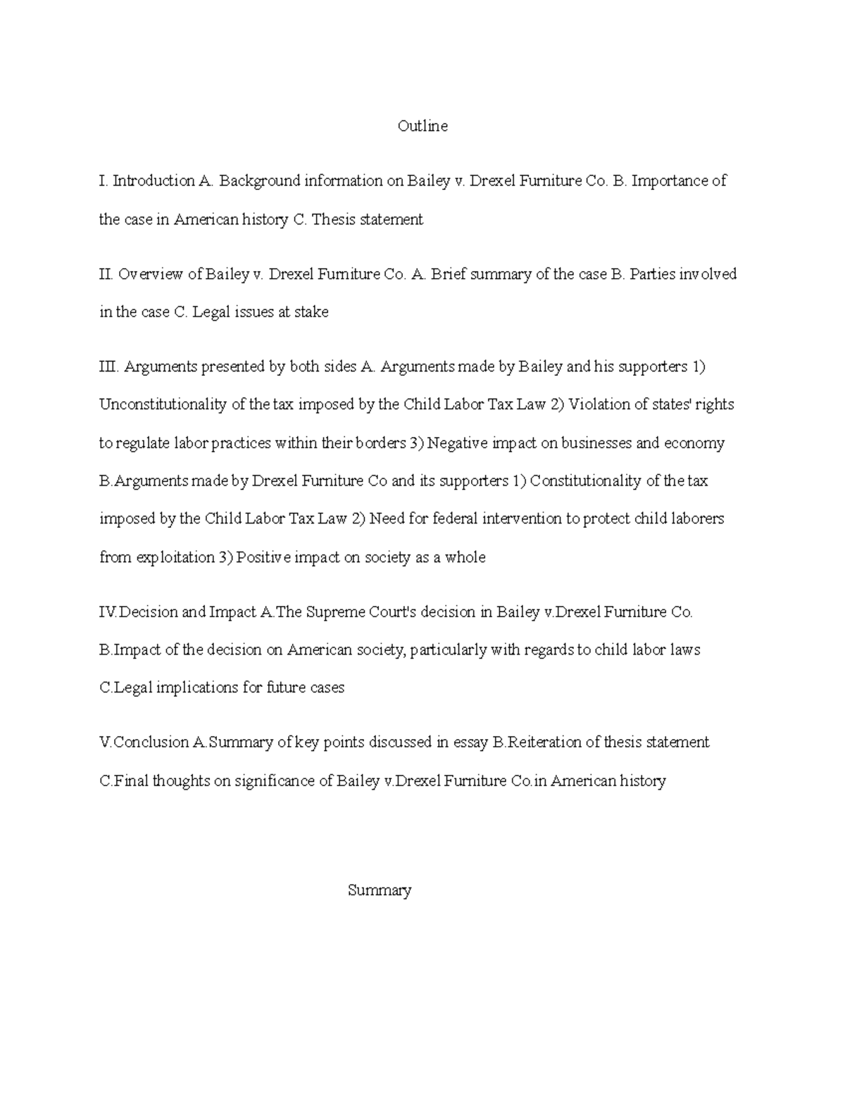 Bailey v. Drexel Furniture Co. Outline and Summary - Outline I ...