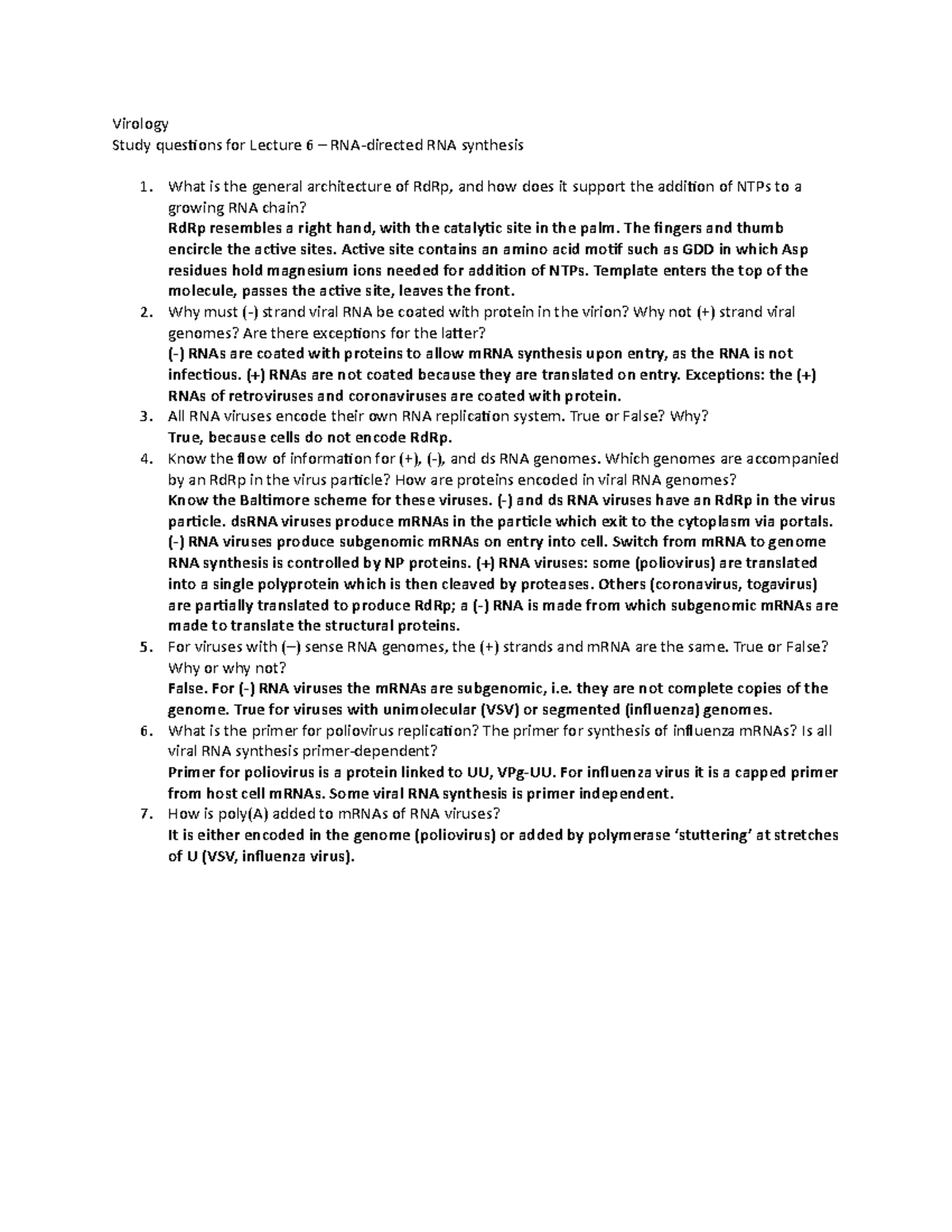 Virology Study questions for Lecture 6 – RNA-directed RNA synthesis ...