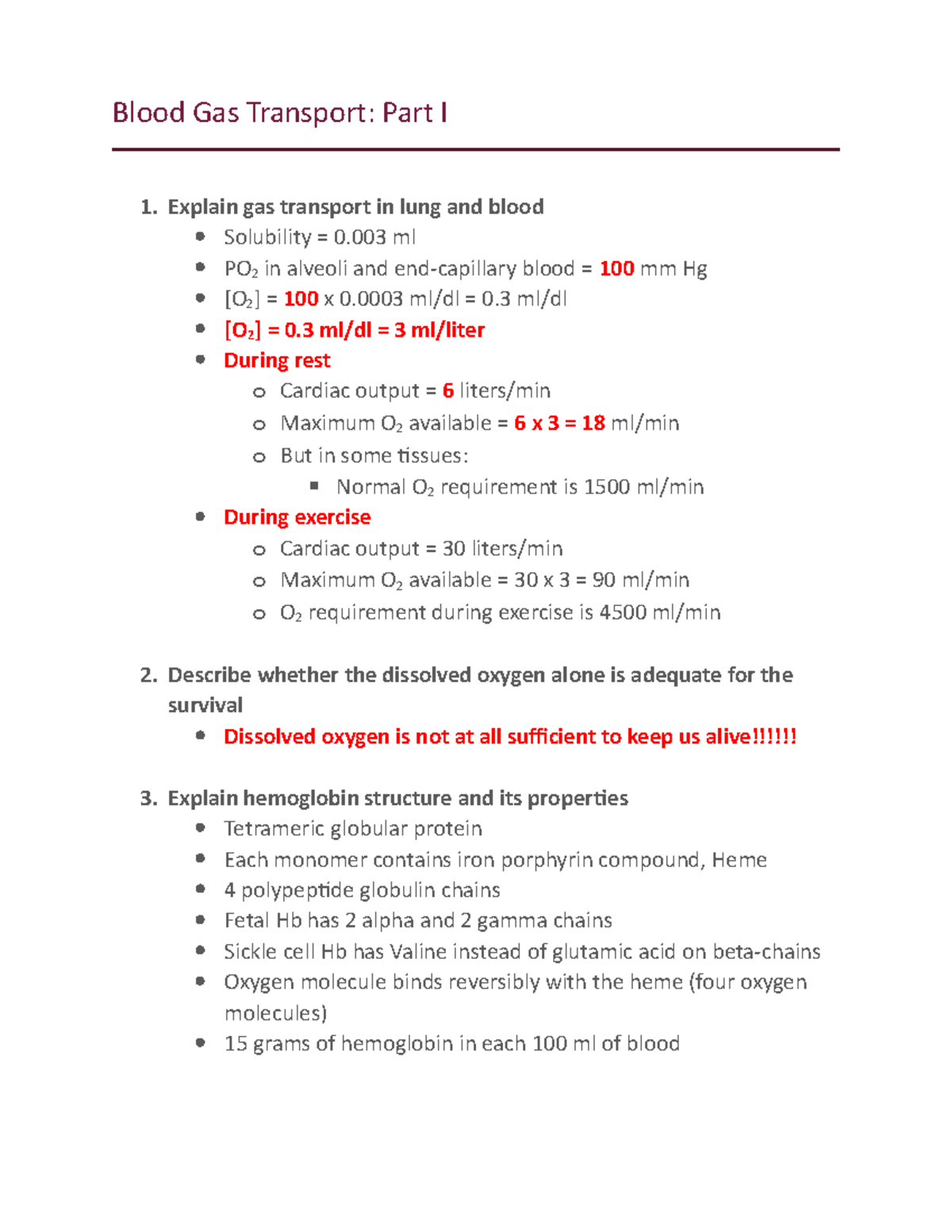 Blood Gas Transport - Part I - Blood Gas Transport: Part I Explain gas ...