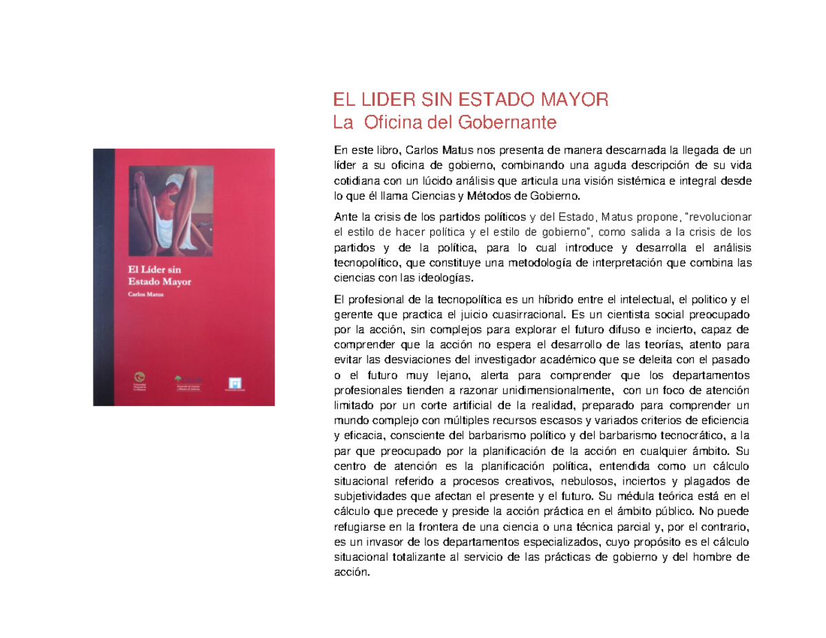 El lider sin Estado Mayor la oficina del gobernante. Carlos Matus - EL ...