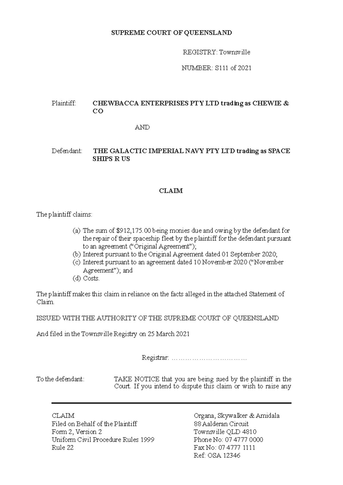 Claim form - form 2 - SUPREME COURT OF QUEENSLAND REGISTRY: Townsville ...