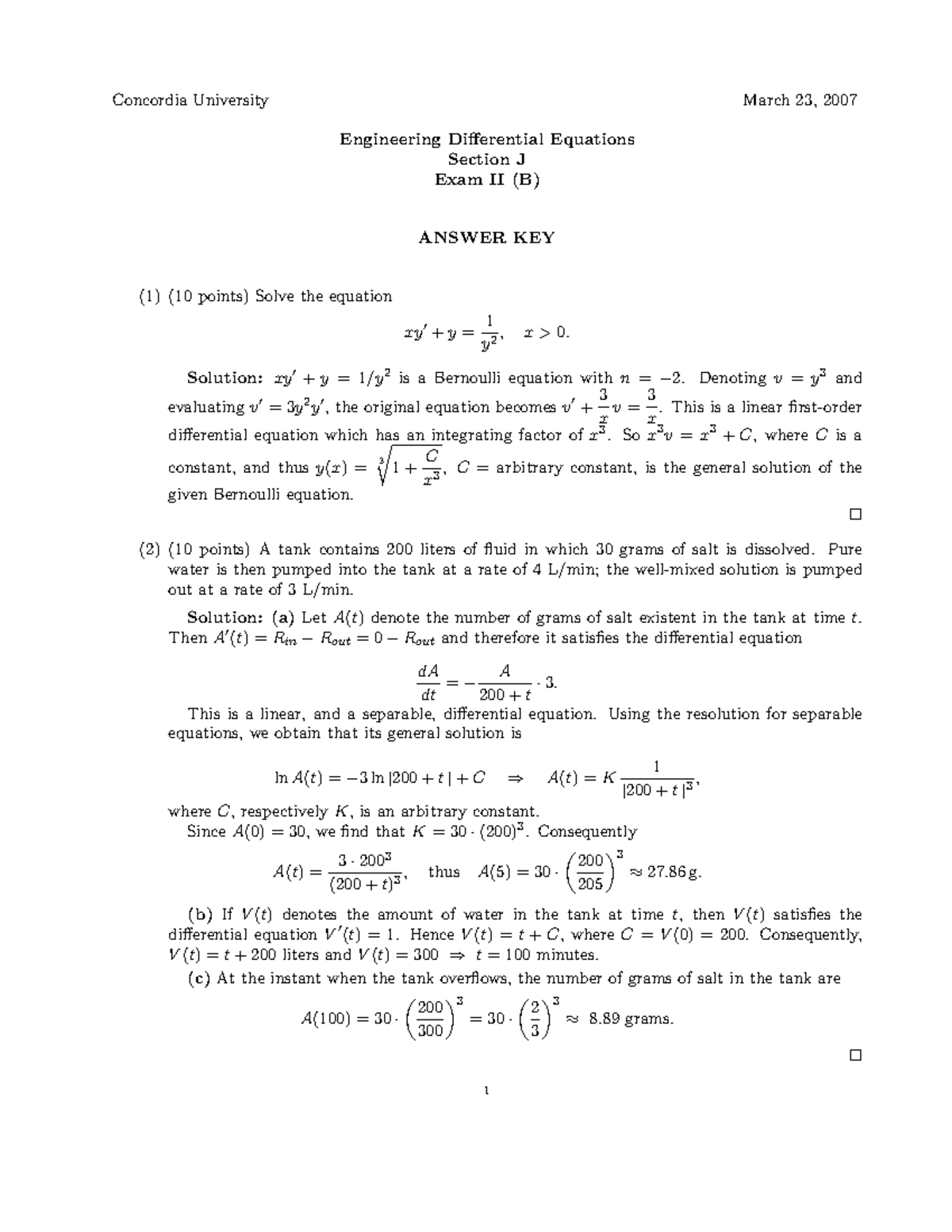 Exam2 b sol - Exam Paper with Solution - Concordia University March 23 ...