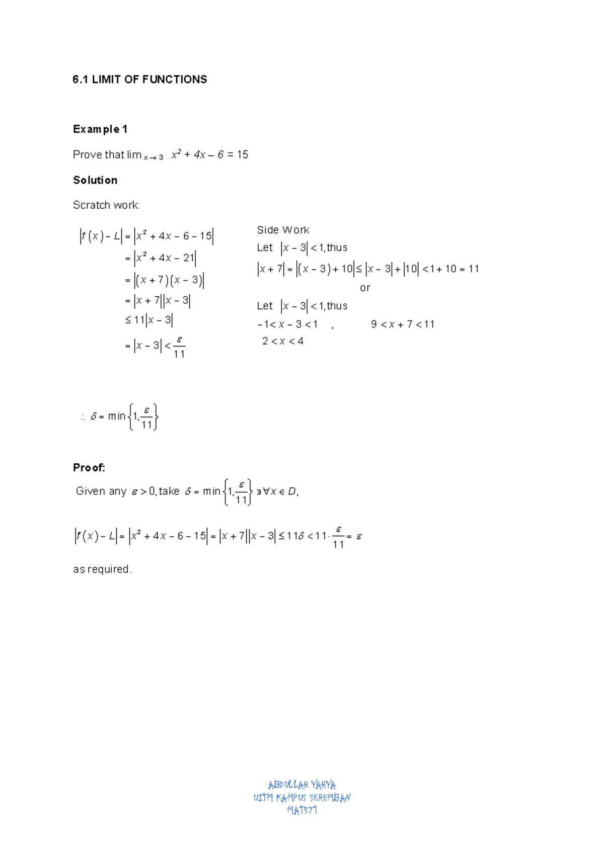 Tutorial 6 Limit And Continuity Of Functions Abdullah Yahya Uitm 3130