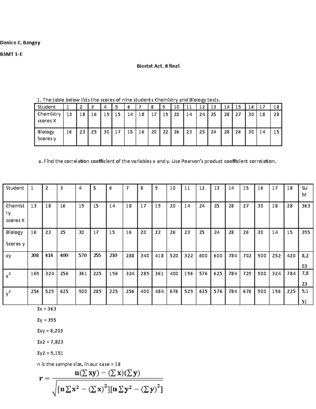 Document (16) - GOOD - Danica C. Bangay BSMT 1-E Biostat Act. 8 final 1 ...