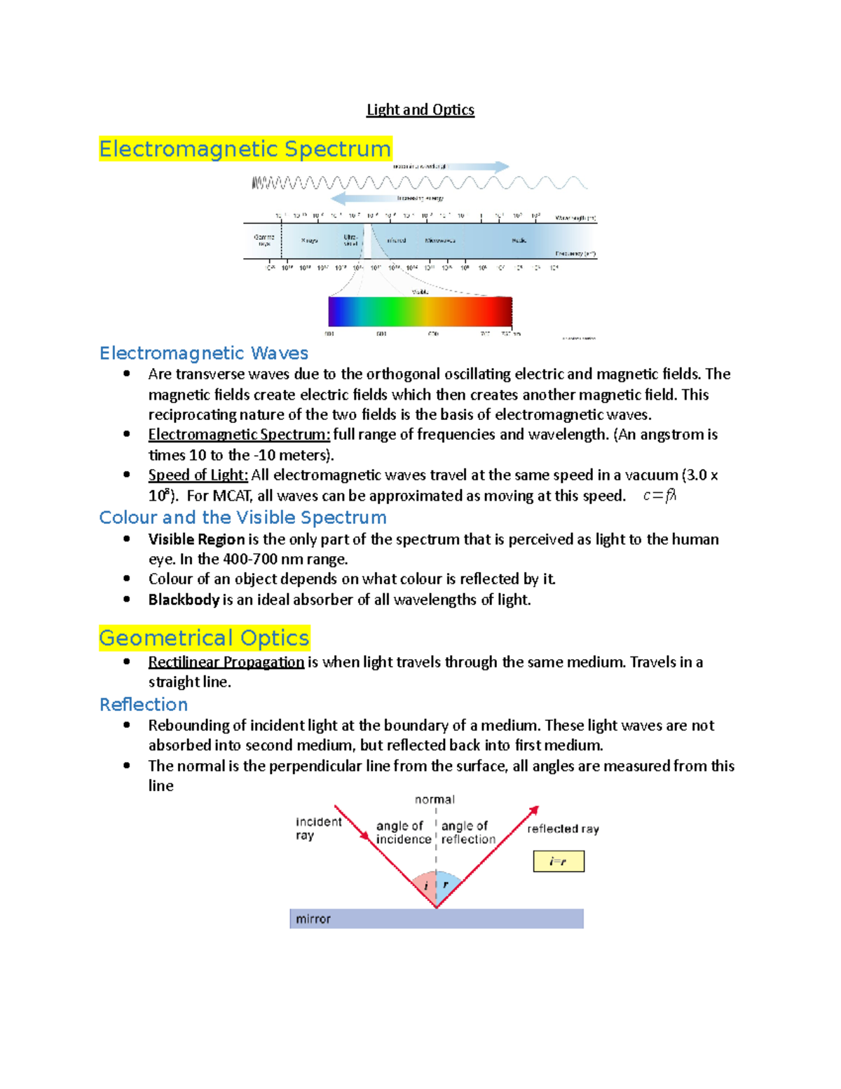 Light and Optics - Lecture notes 7 - Light and Optics Electromagnetic ...