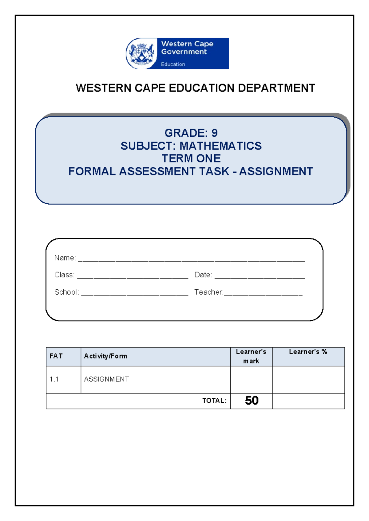 Gr 9 Maths Assignment Term 1 - WESTERN CAPE EDUCATION DEPARTMENT FAT ...