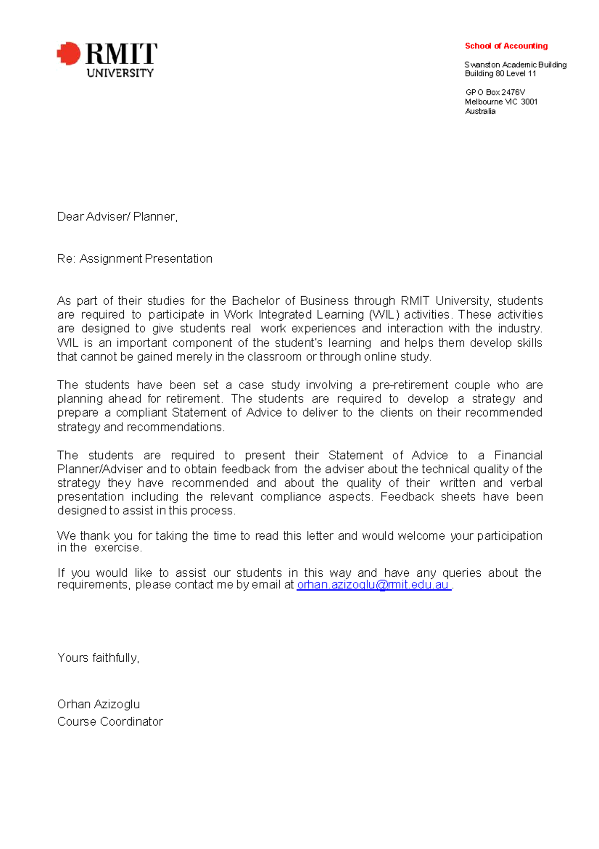 RMIT ACCT2288 Adviser Letter - School of Accounting Swanston Academic ...