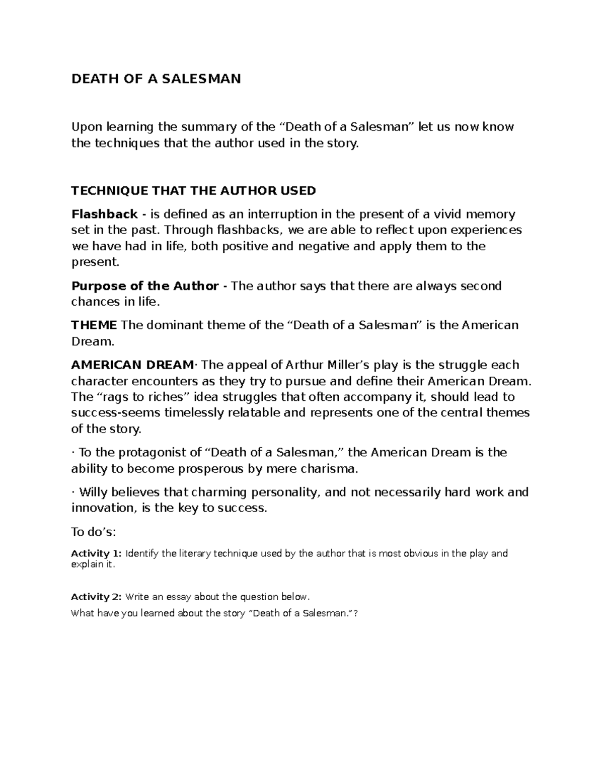 Grade 9 Reading Materials and Activity - DEATH OF A SALESMAN Upon ...