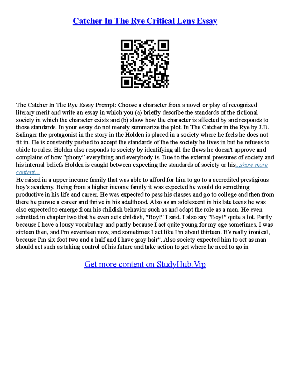 Essays On The Catcher In The Rye - Catcher In The Rye Critical Lens ...