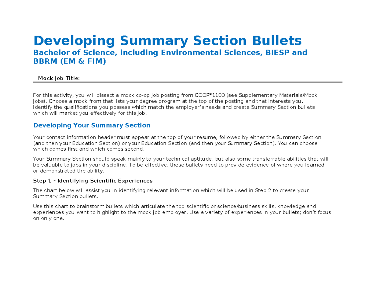 09 Developing Skills Summary Bullets Activity - Sciences - Developing ...