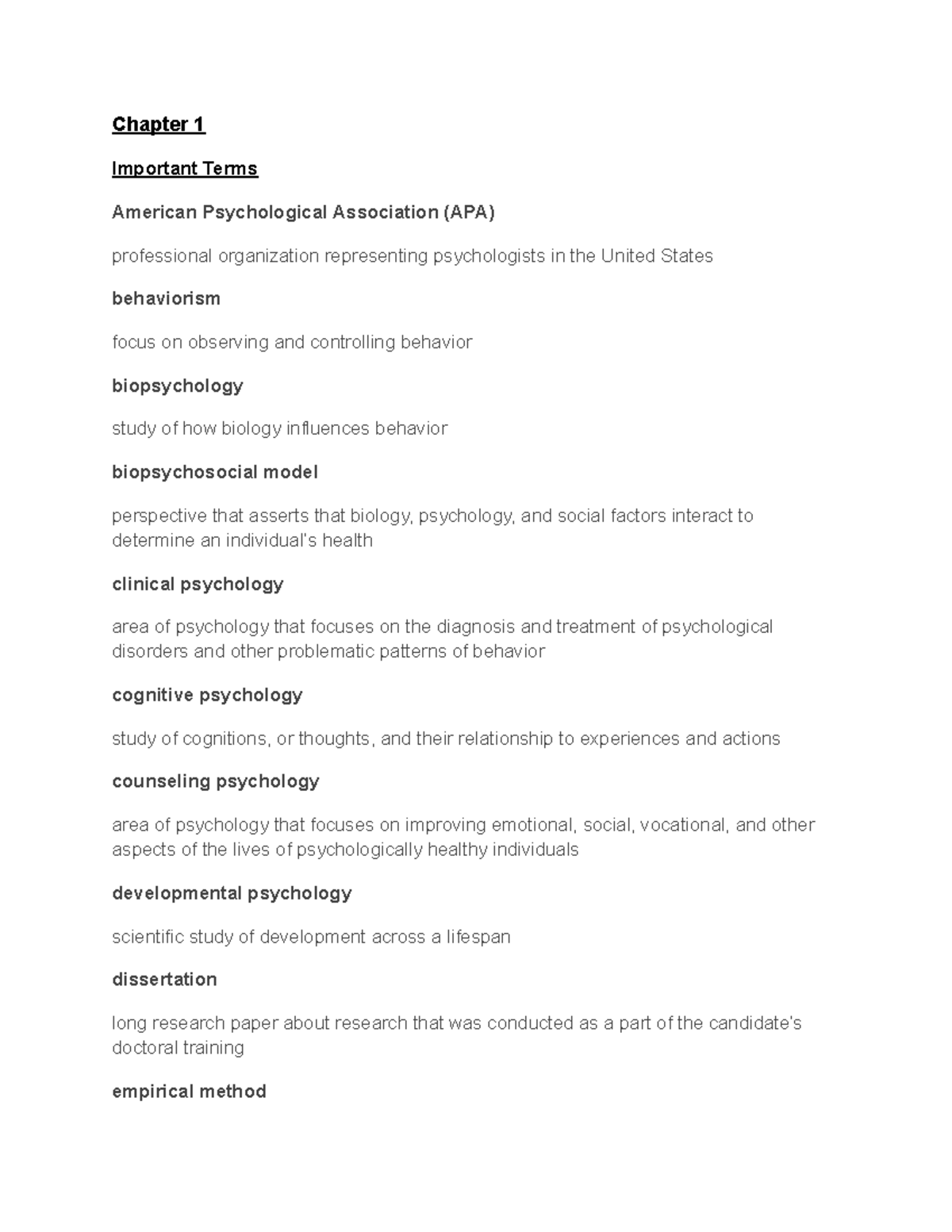 Psych Notes - Chapter 1-9, 14 - Chapter 1 Important Terms American ...