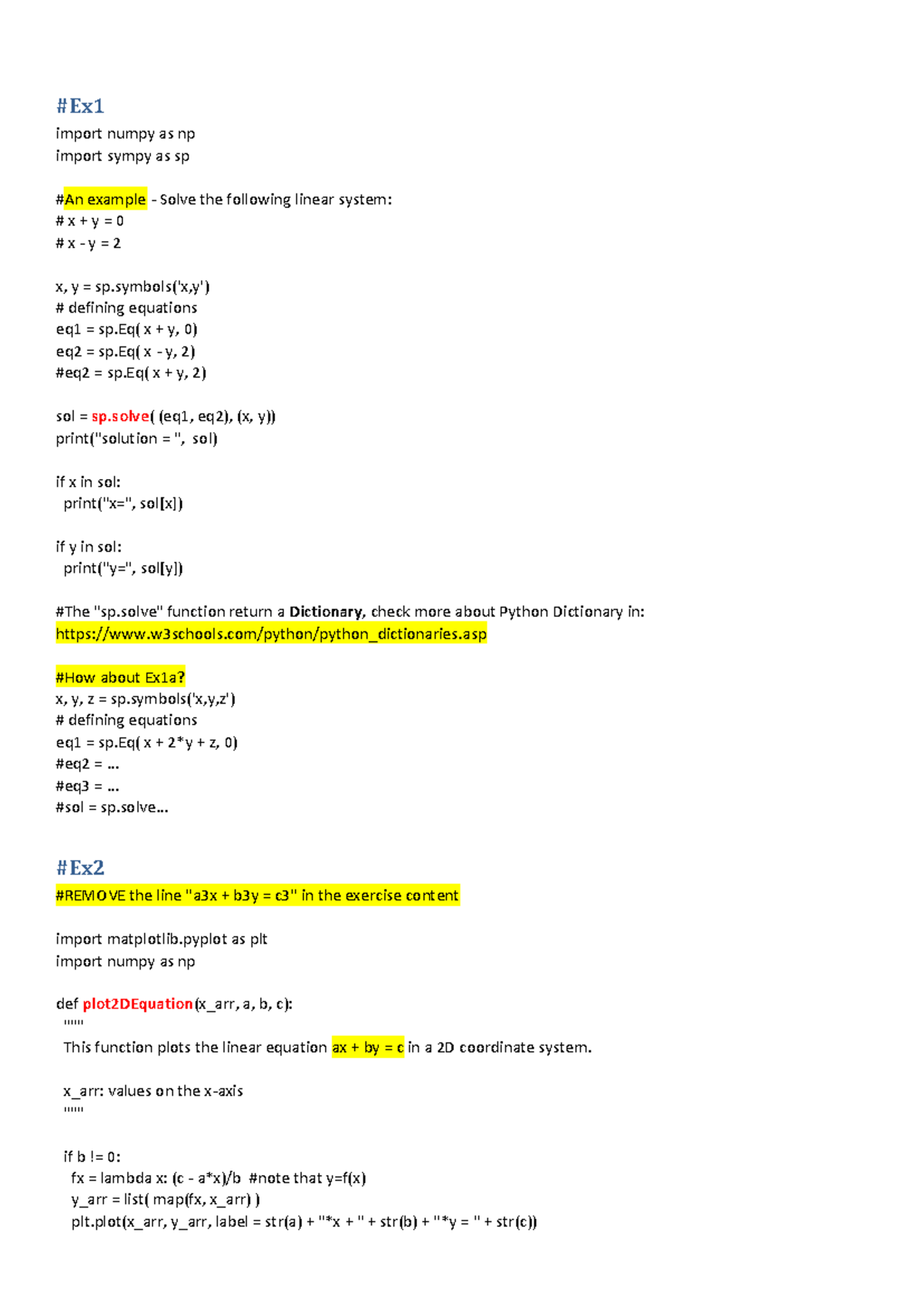 Lab 4 5 guide thực hành - #Ex import numpy as np import sympy as sp #An example - Solve the ...
