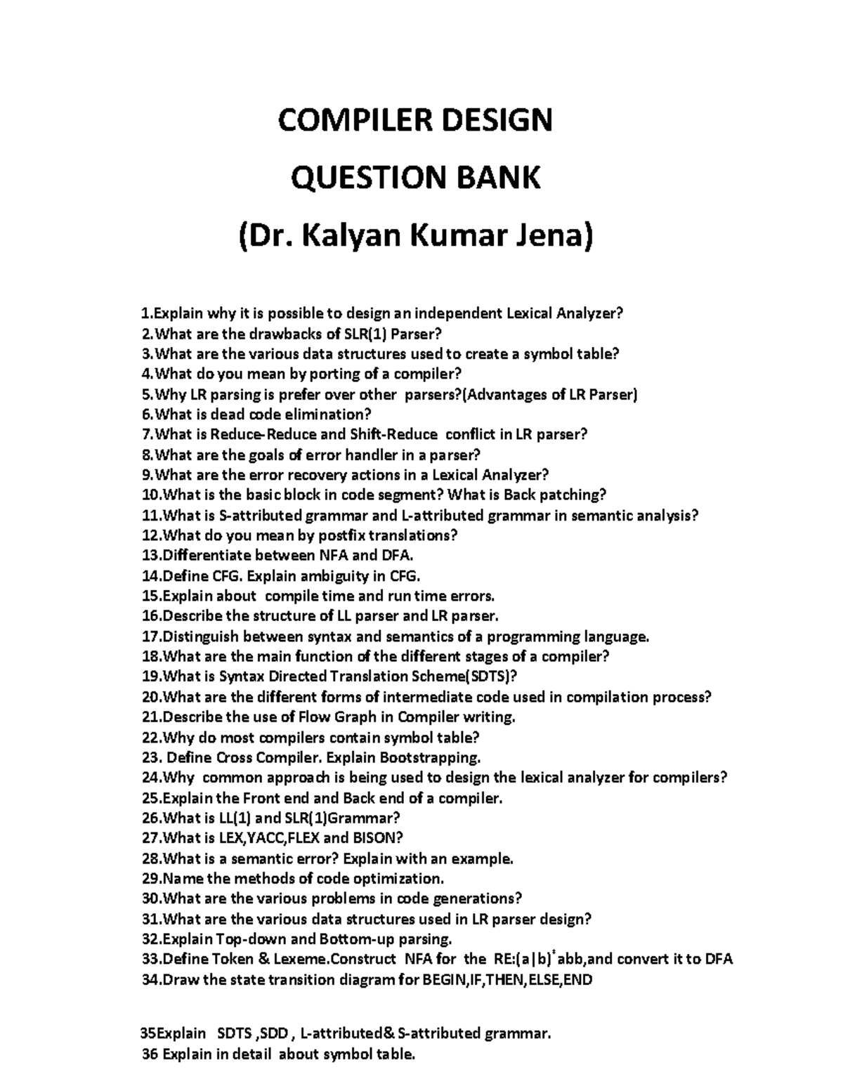 CD- Question-BANK - Compiler Design Questions Bank - COMPILER DESIGN QUESTION BANK (Dr. Kalyan ...