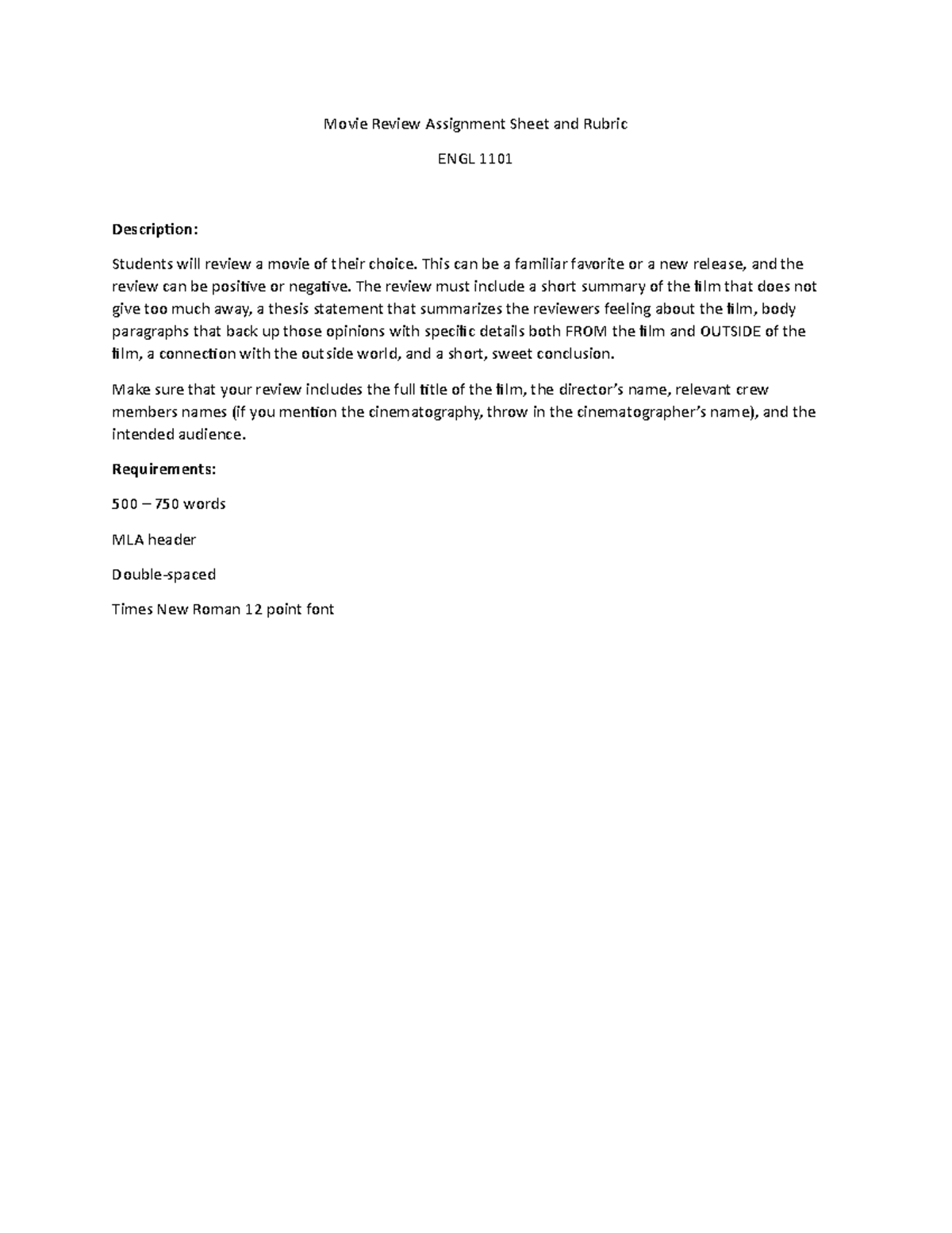 Movie Review Assignment Sheet - This can be a familiar favorite or a ...