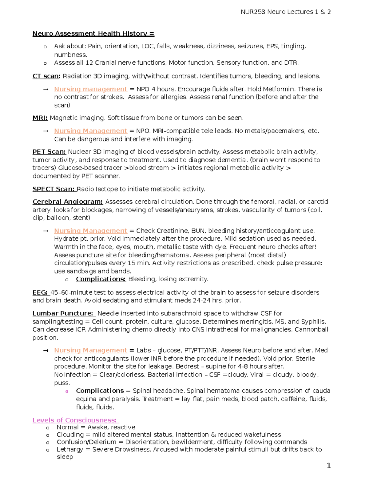 NUR258 Neuro 1 & 2 - no why - Neuro Assessment Health History = o Ask ...