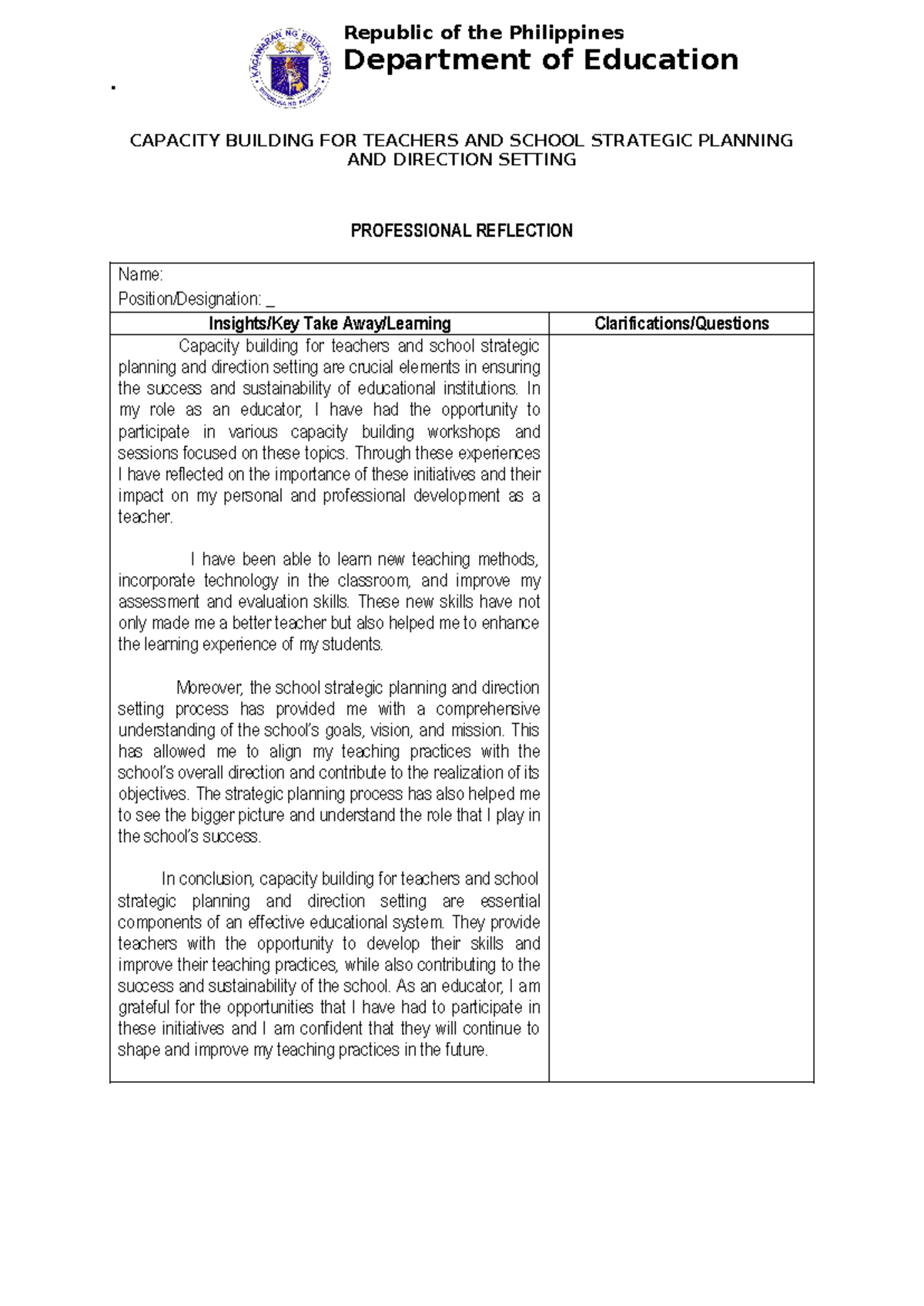 Copy of Professional-Reflection-2023 - Republic of the Philippines ...