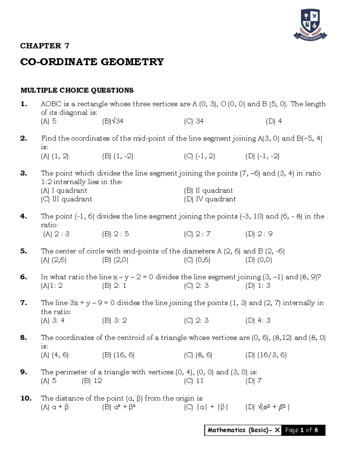 CH. 7 (Co- Ordinate Geometry) Class X MATH (Basic) - CHAPTER 7 CO ...