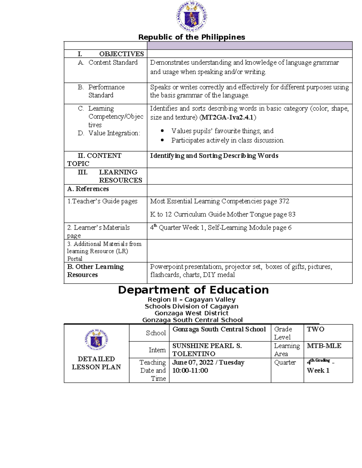 detailed lesson plan in Mother Tounge (iloco) - Republic of the ...