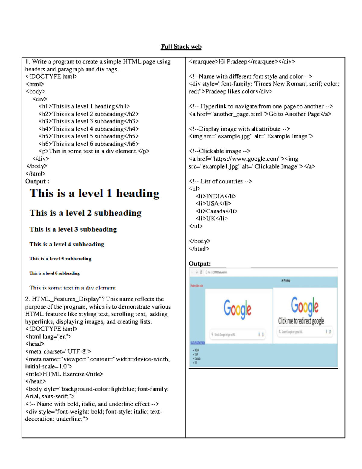 Full stack web lab manual gpr - Full Stack web Write a program to create a simple HTML page ...