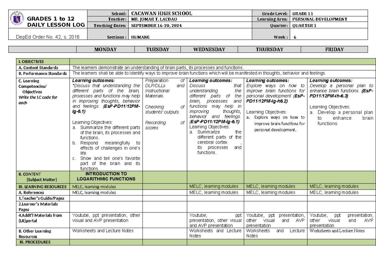 Per Dev Week 6 Final - DLL - GRADES 1 to 12 DAILY LESSON LOG School ...