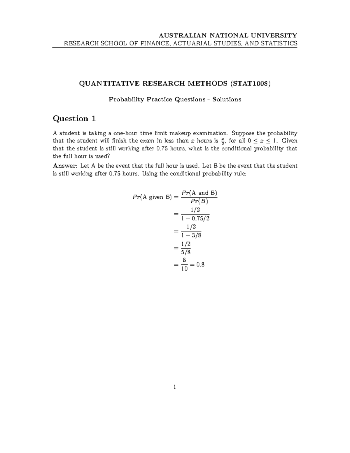 STAT1008 Probability Practice Questions and Solutions - RESEARCH SCHOOL OF FINANCE, ACTUARIAL ...
