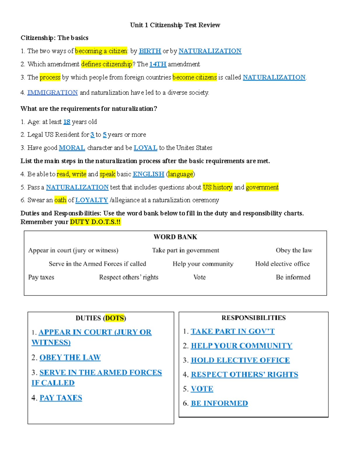 KEY Study Guide Unit 1 Citizenship Test Review - Unit 1 Citizenship ...