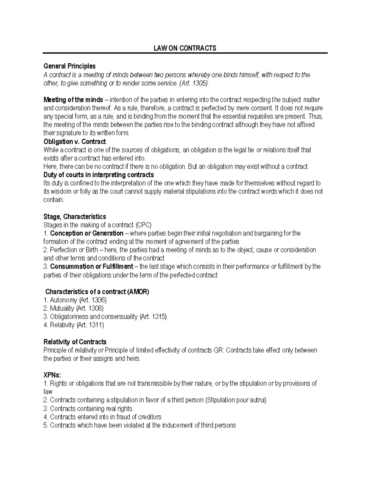 Contracts - Summarized Notes - LAW ON CONTRACTS General Principles A ...