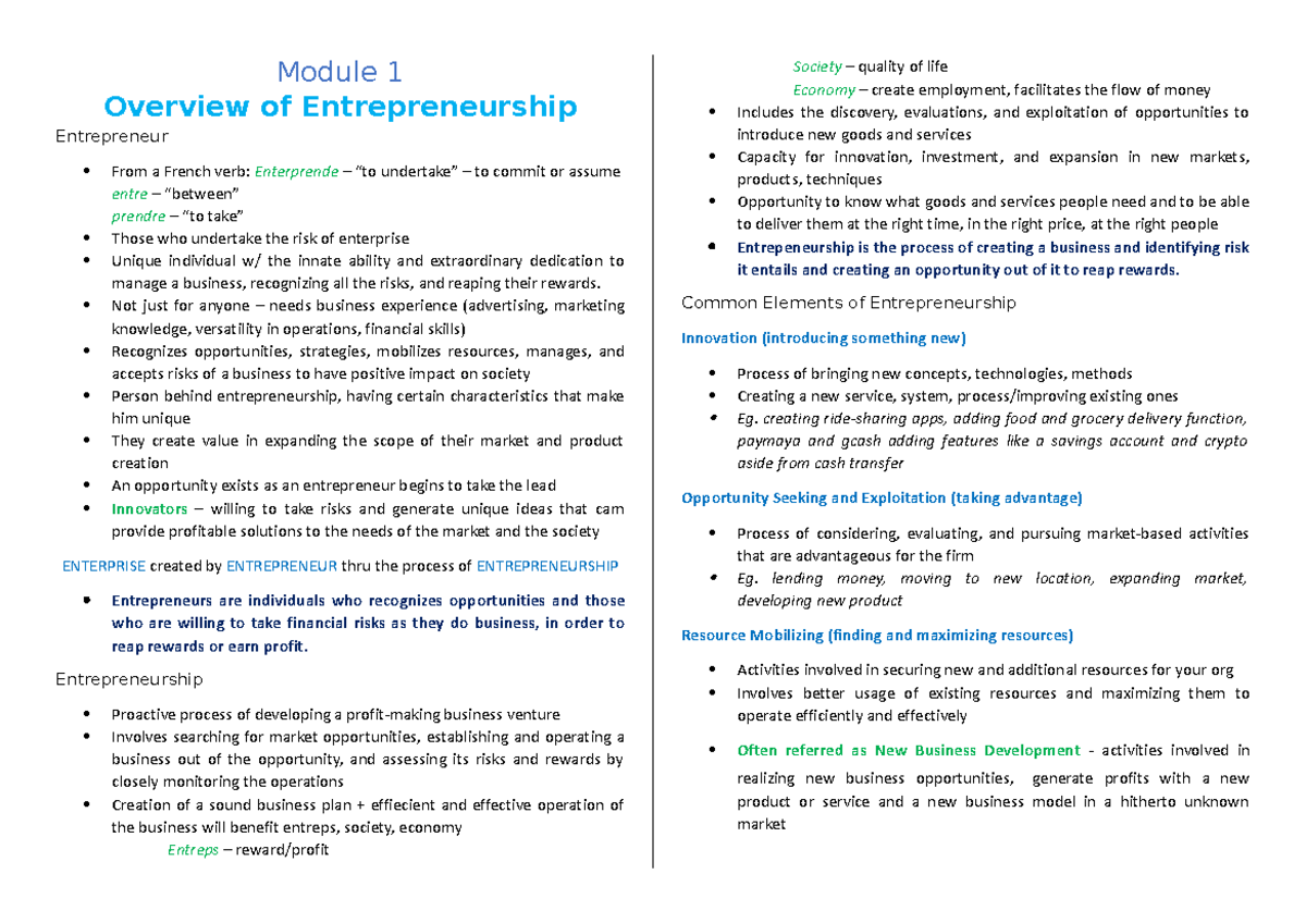 Notes- Grade-12 - Module 1 Overview of Entrepreneurship Entrepreneur ...