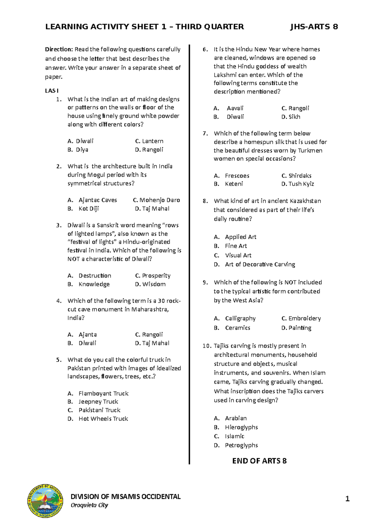 ARTS 8 LAS 1 Q33 - Music LAS 1 - LEARNING ACTIVITY SHEET 1 – THIRD ...