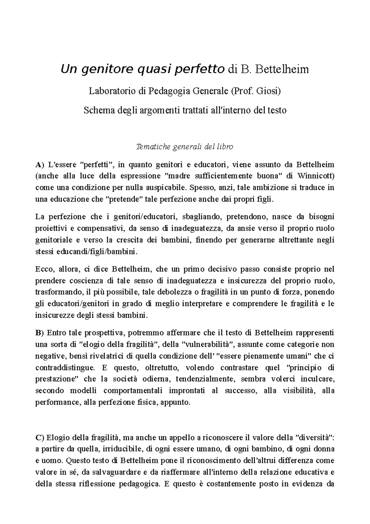 Un genitore quasi perfetto Schema riassuntivo - Un genitore quasi ...