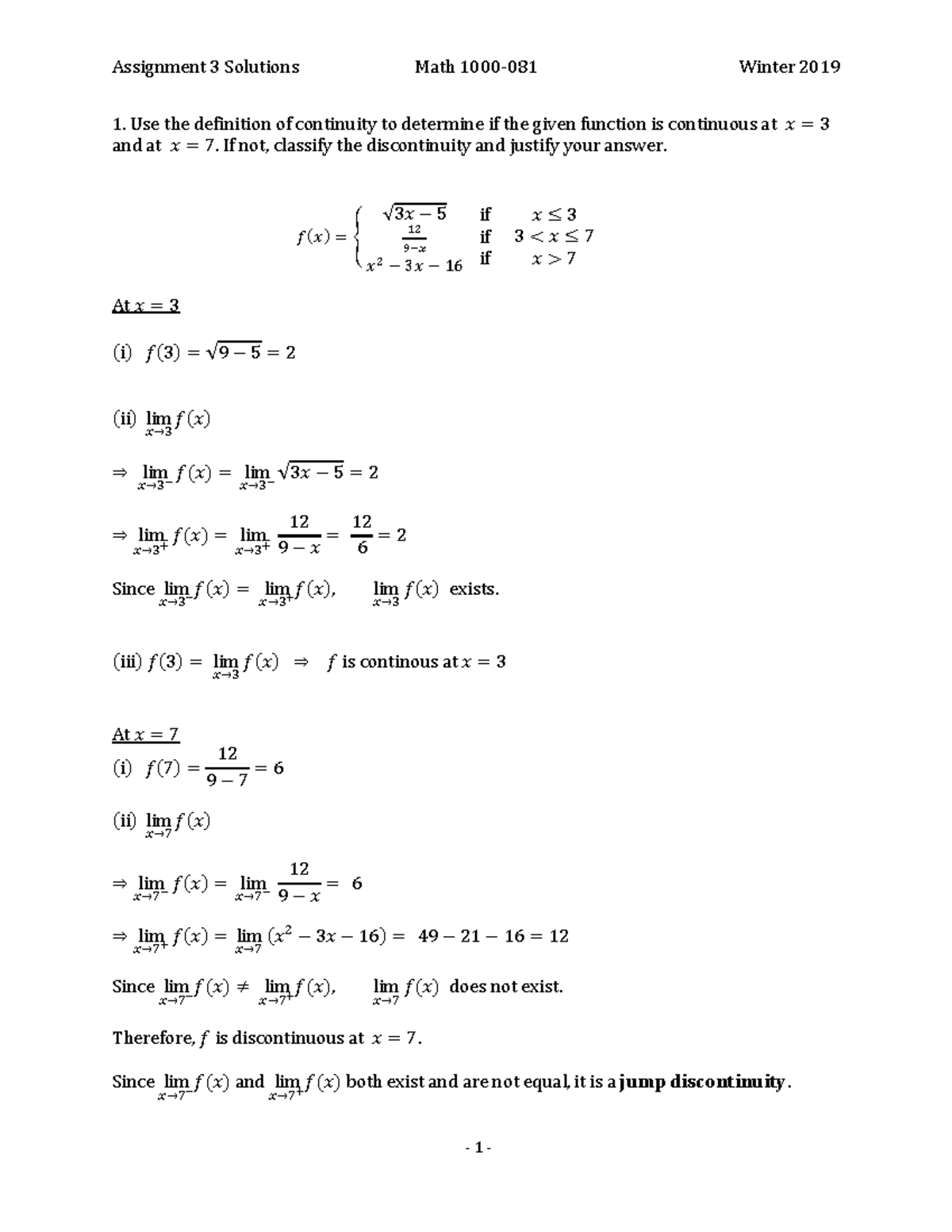 Assignment 3 Solutions Winter 2019 - Assignment 3 Solutions Math 1000 ...