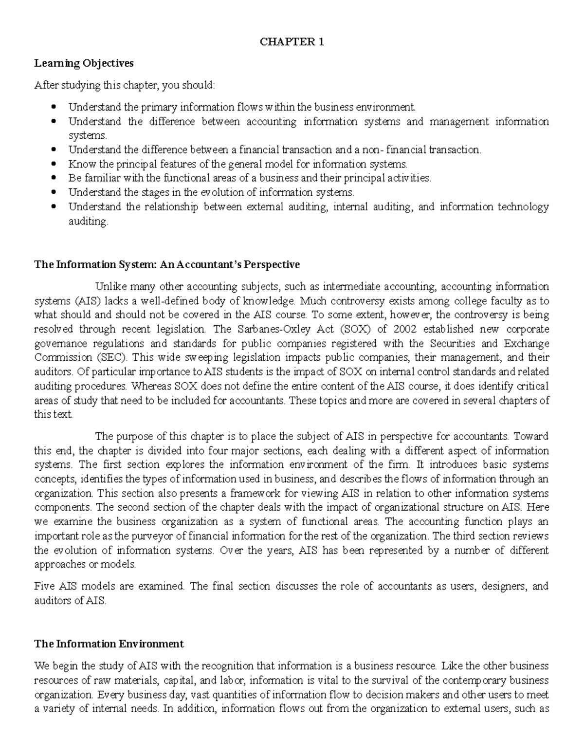 Ais - AIS - CHAPTER 1 Learning Objectives After studying this chapter ...