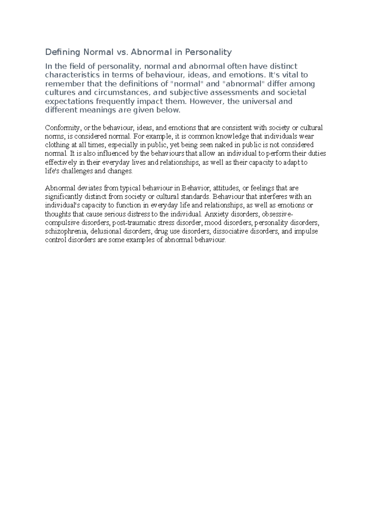 Unit 8 DA - unit 8 discussion assignment - Defining Normal vs. Abnormal ...