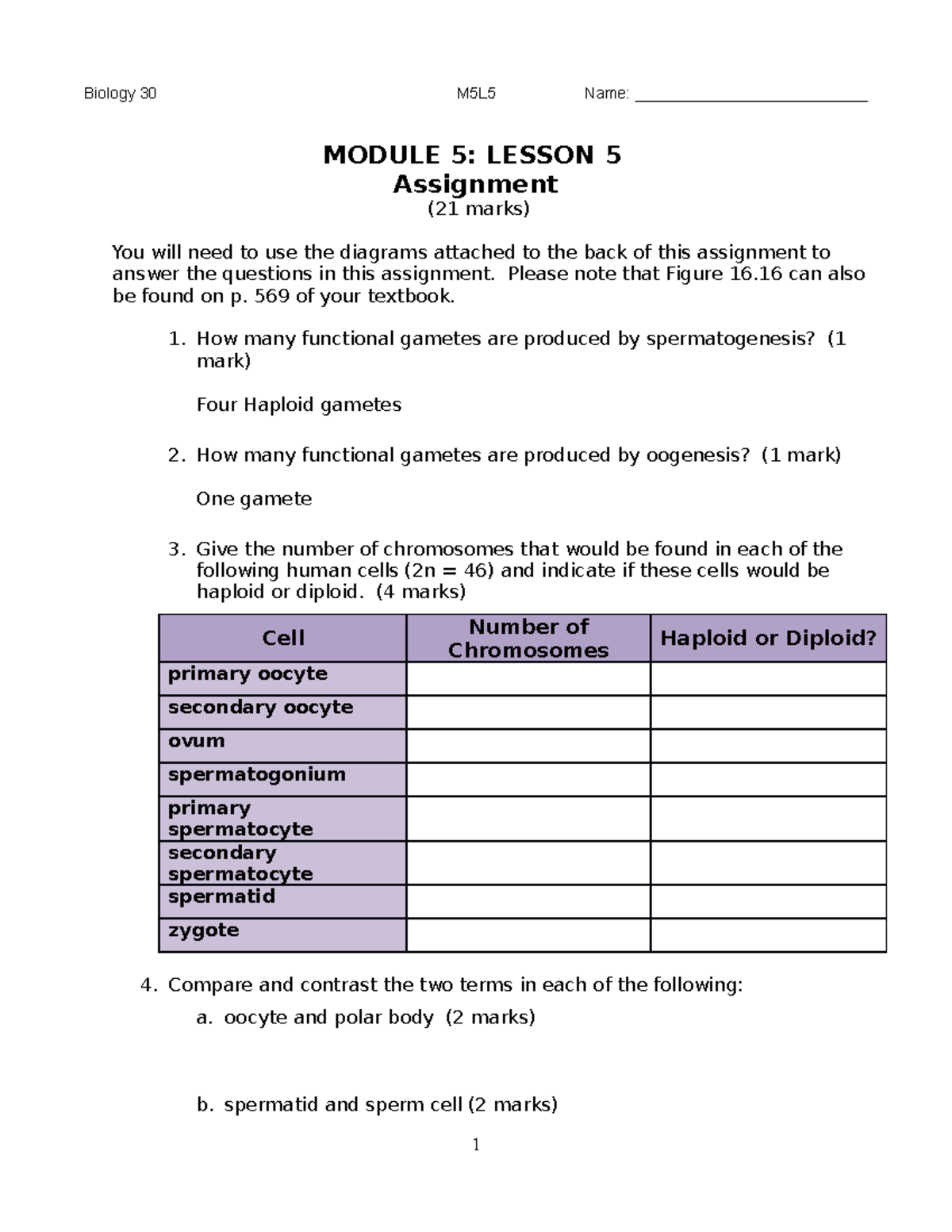 Bio 30 M5L5 - biology 30 - MODULE 5: LESSON 5 Assignment (21 marks) You ...