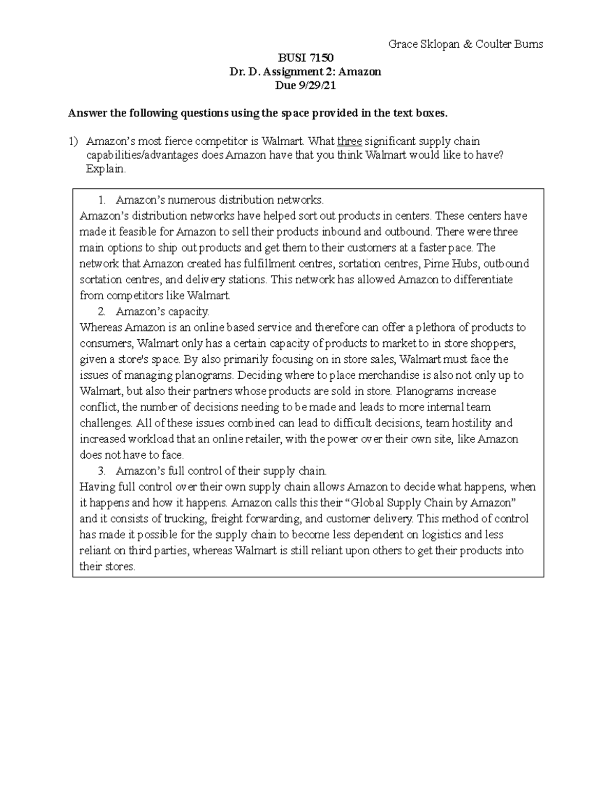 Week 2 Amazon assignment - Grace Sklopan & Coulter Burns BUSI 7150 Dr ...