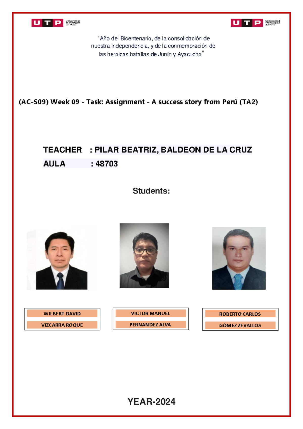 TASK 09 - TASK 9 - WILBERT DAVID VIZCARRA ROQUE VICTOR MANUEL FERNANDEZ ALVA ROBERTO CARLOS ...