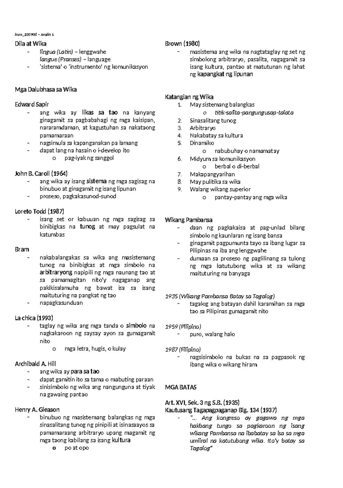 Kom allnotes - kom notes - Dila at Wika - lingua (Latin) – lenggwahe ...