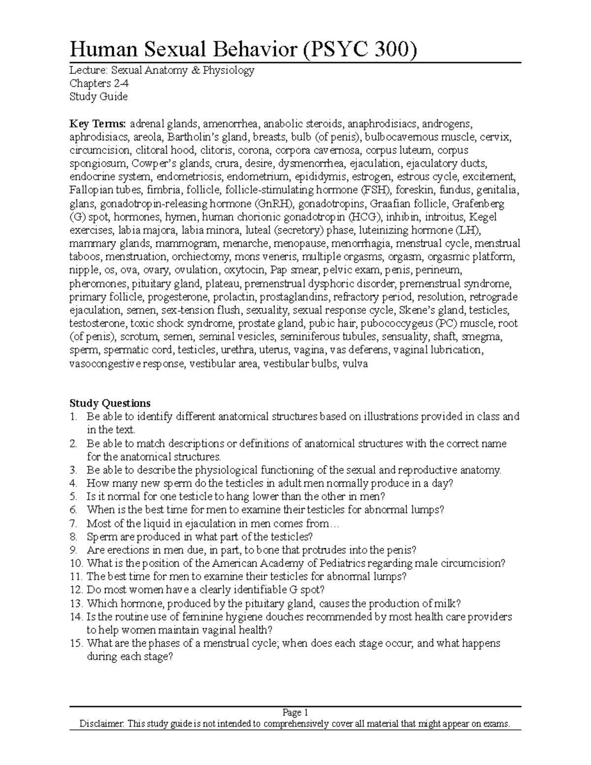 Study Guide (Anatomy and Physiology) - Human Sexual Behavior (PSYC 300 ...