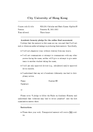 Calculus and Basic Linear Algebra II - MA1201 - CityU - Studocu