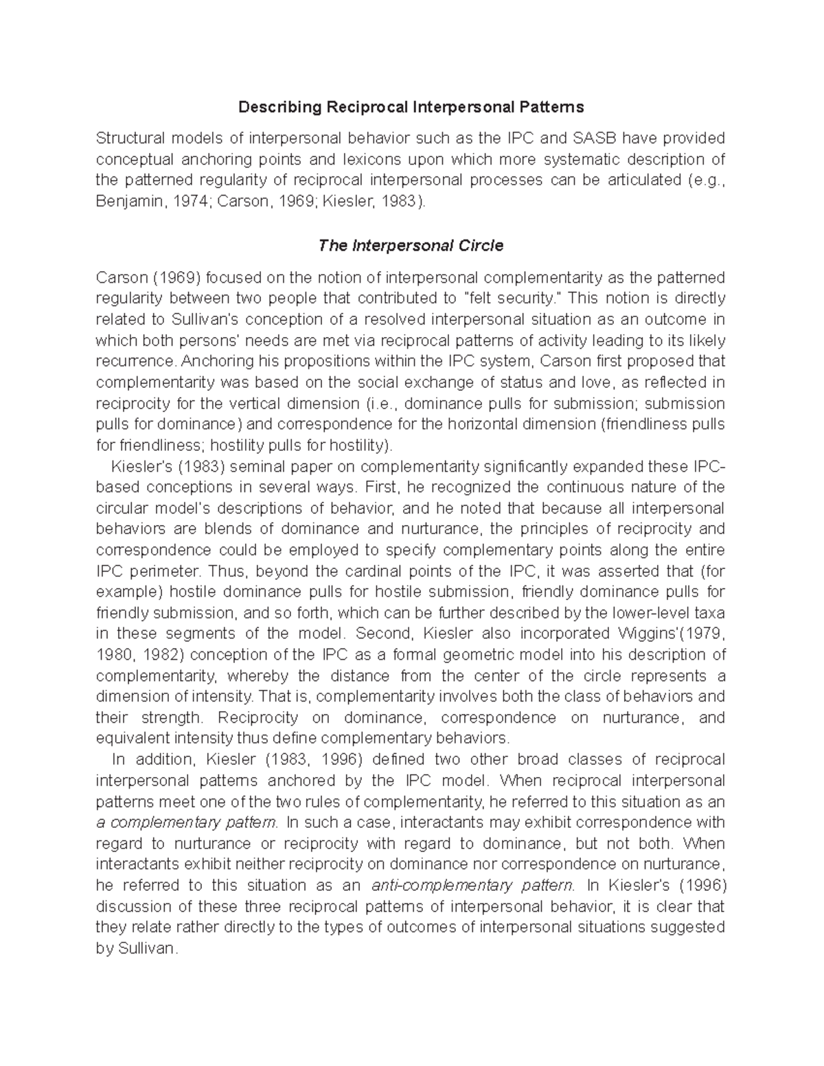 Interpersonal Theory of Personality - Describing Reciprocal ...