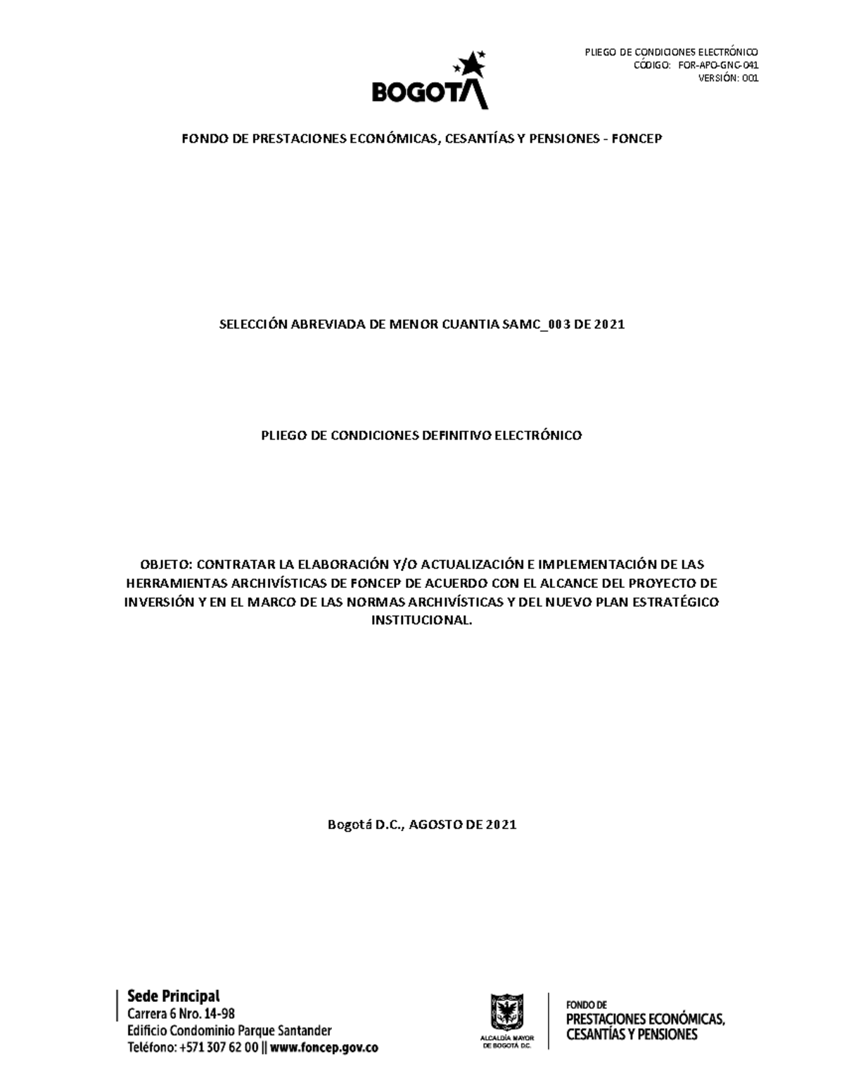 3. Pliego de Condiciones Definitivo - SAMC 003 DE 2021 - PLIEGO DE ...