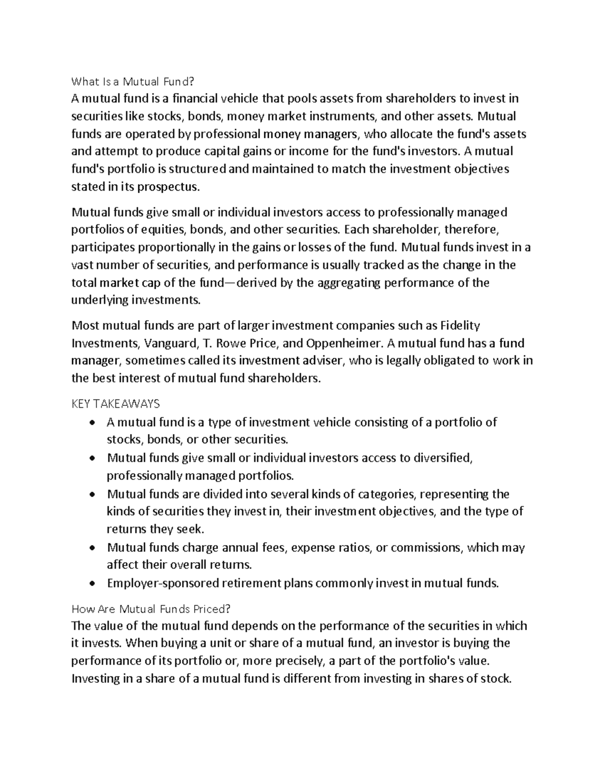 Mutual Funds - Lecture Notes - What Is a Mutual Fund? A mutual fund is ...