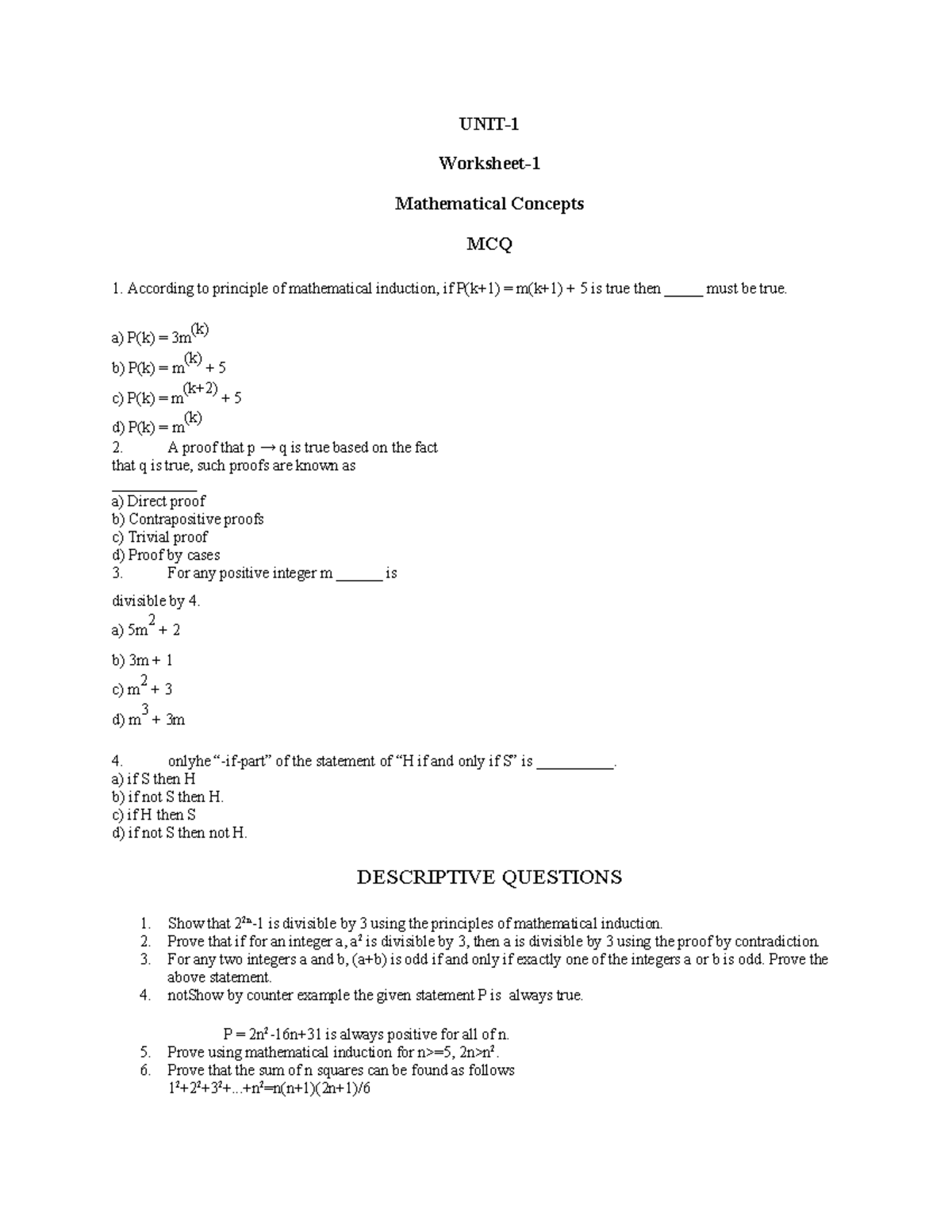 Tutorial........... - UNIT- Worksheet- Mathematical Concepts MCQ ...