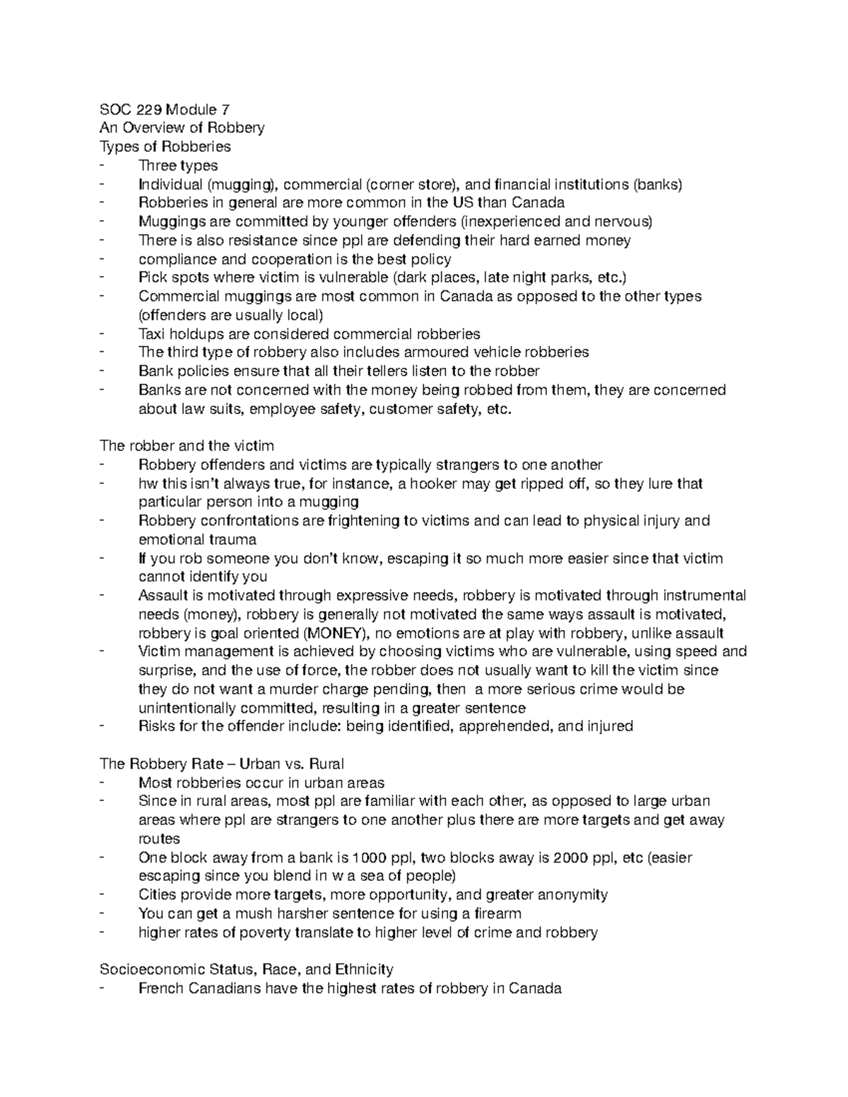 SOC/LS 229 lecture notes An overview of robbery - Soc 229 - UWaterloo ...