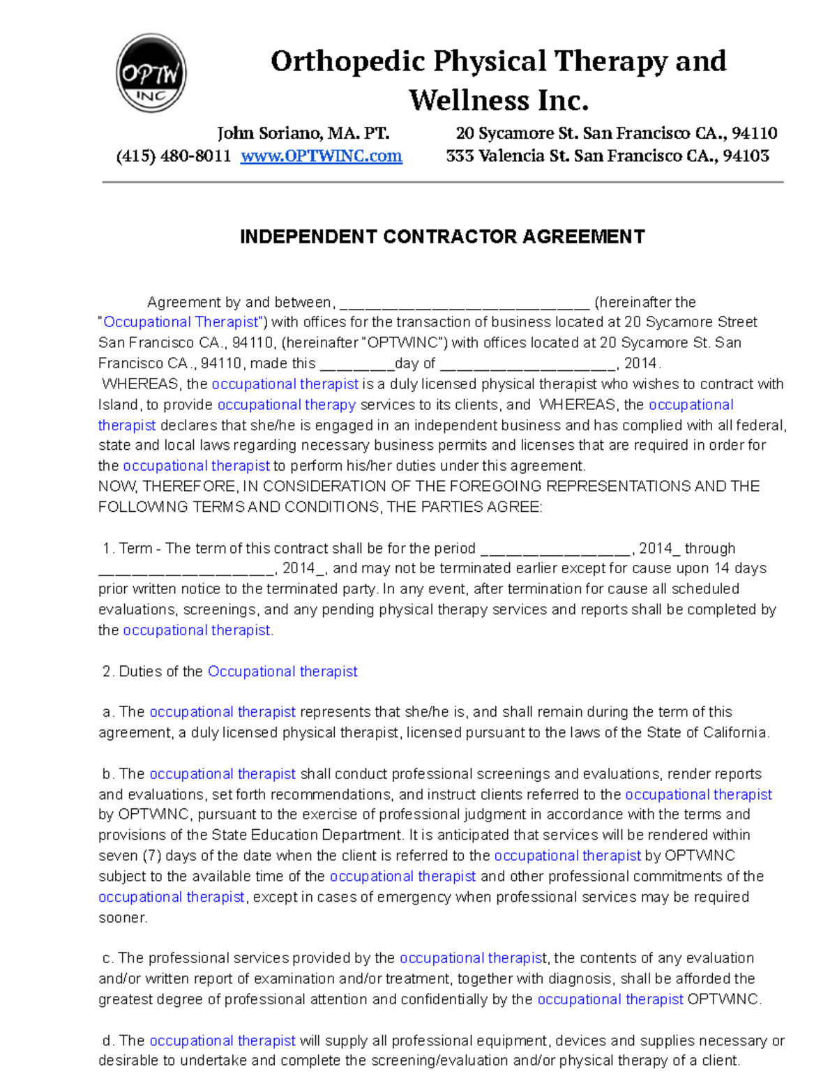 Subcontractor Contract Form - Orthopedic Physical Therapy and Wellness ...