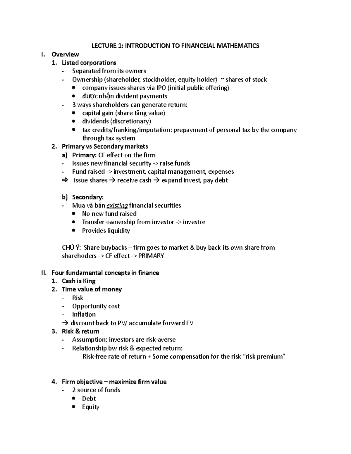 NOTE POF SUBJECT 1 - LECTURE 1: INTRODUCTION TO FINANCEIAL MATHEMATICS ...